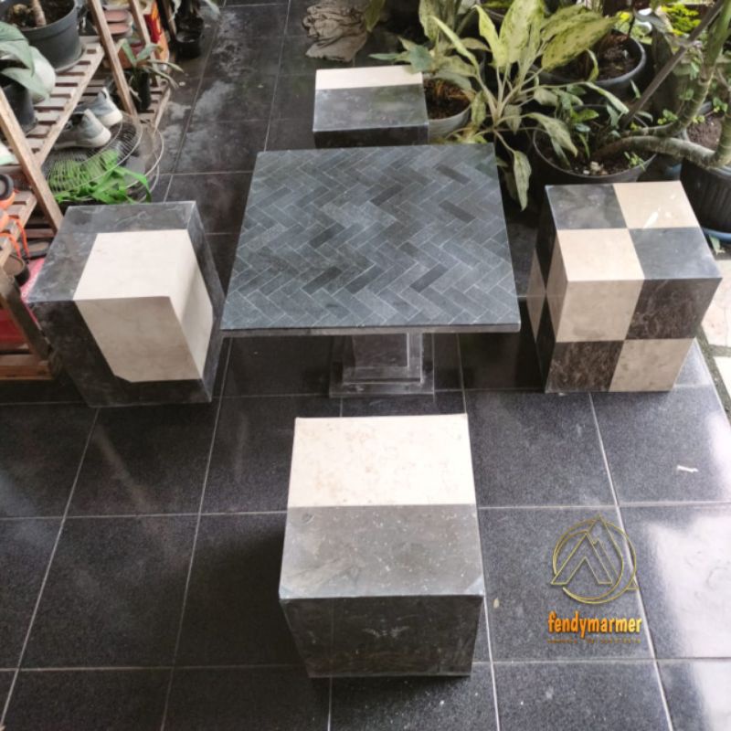 Jual Set meja teras dan 4 kursi kotak kubus batu alam marmer ...