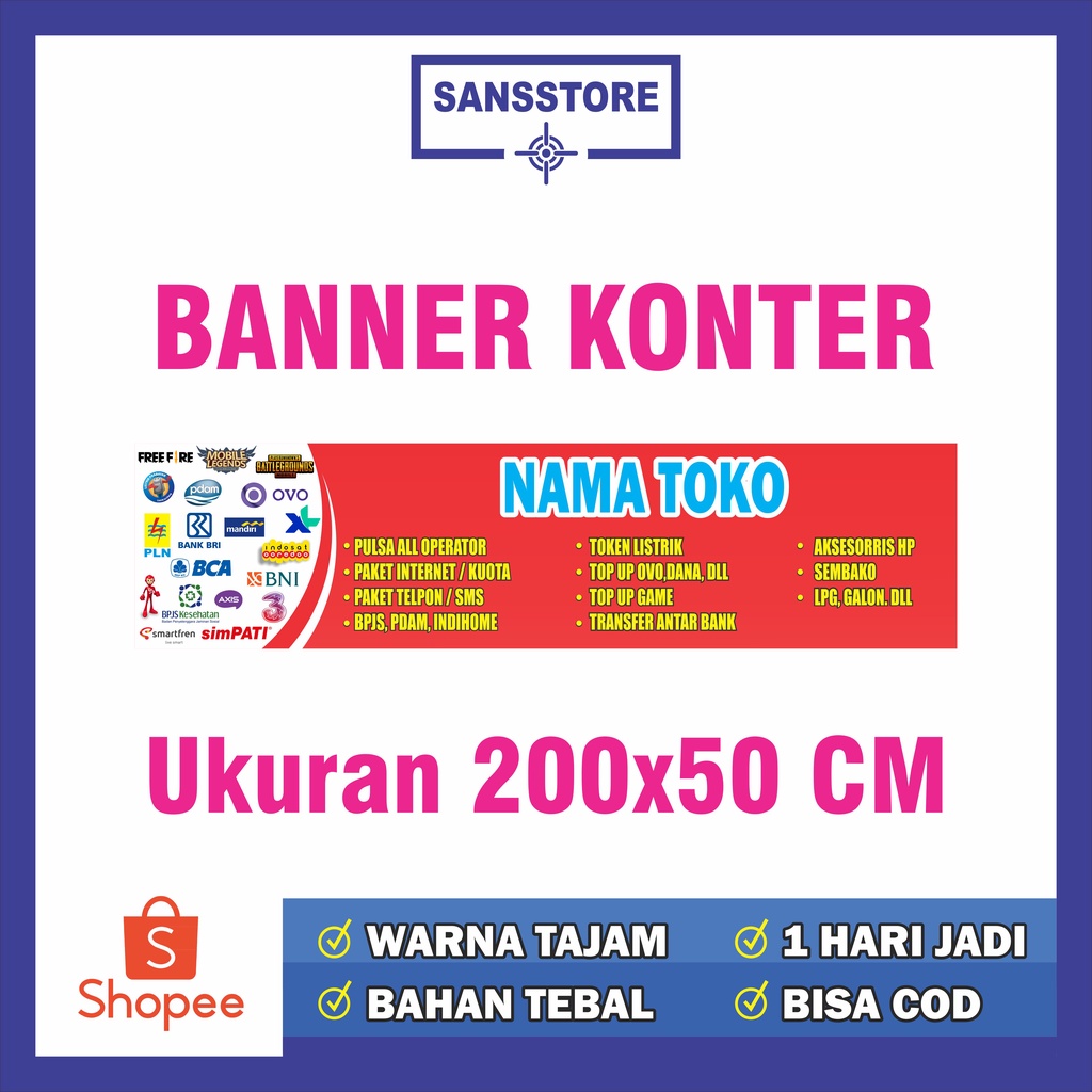 Jual BANNER SPANDUK KONTER 200X50 FLAG KONTER | Shopee Indonesia
