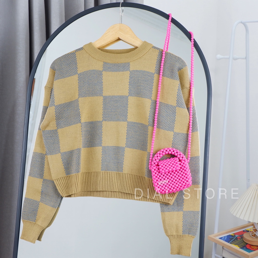 Jual Sweater Rajut Wanita Crop Jennie Switer Rajut Motif Kotak Premium ...