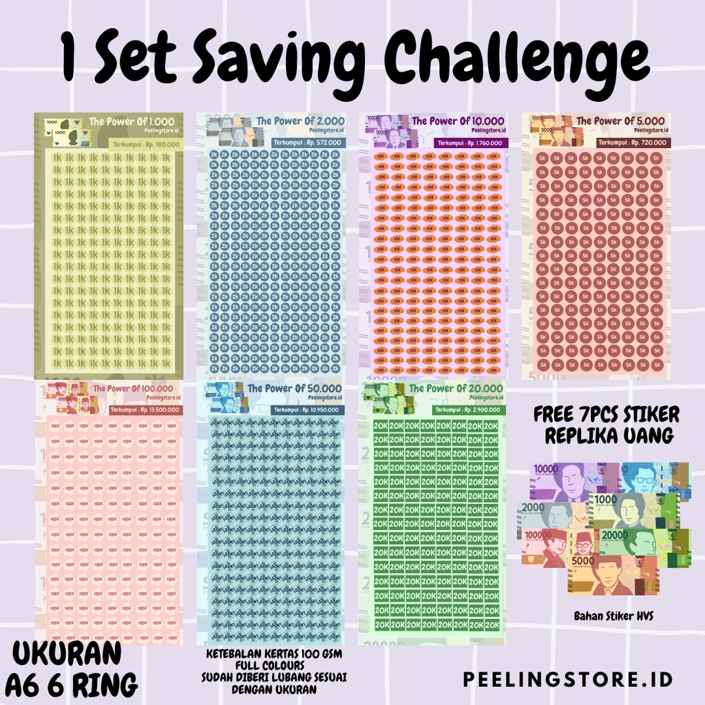 Jual 1 SET SAVING CHALLENGE ISI 7 LEMBAR BUNDLE 7 STICKER) KERTAS SAVING CHALLENG A6, A5 6 RING ...