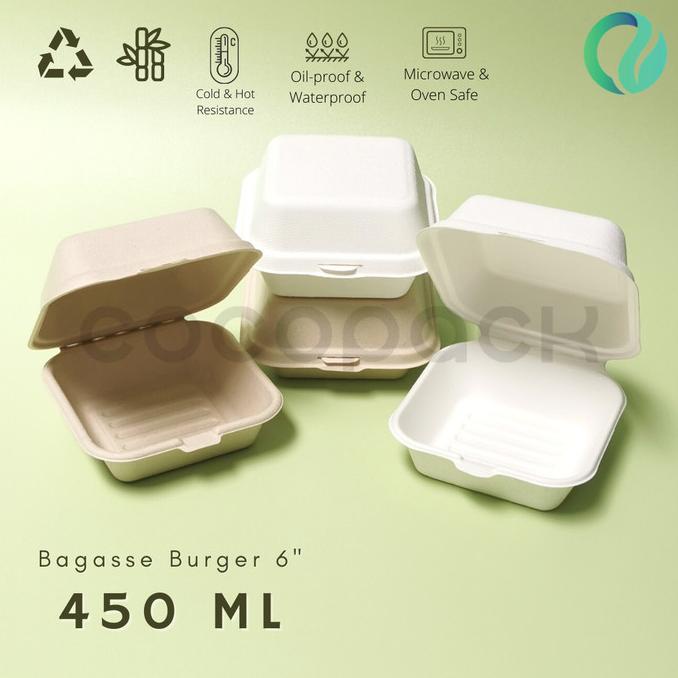 Jual Bagasse Clamshell 6 Inch Burger Box 450Ml Natural Brown 25 Pcs ...
