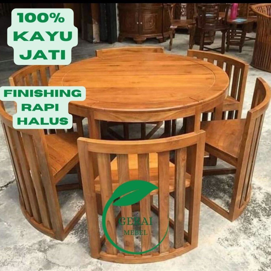 Jual Meja Makan Bulat Bundar Kayu Jati 6 Kursi Makan Set Berkualitas - SUDAH WARNA | Shopee ...