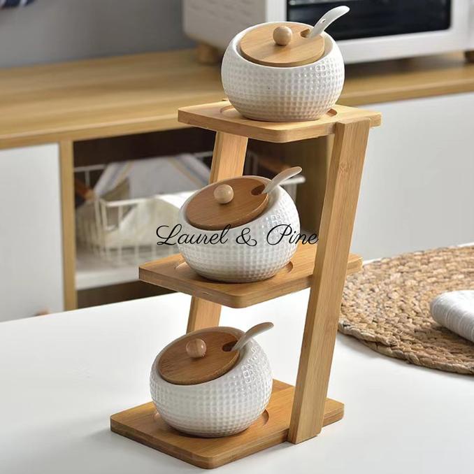 Jual 3 in 1 Set Tempat Bumbu Dapur Keramik Alas Bambu Cantik Premium ...