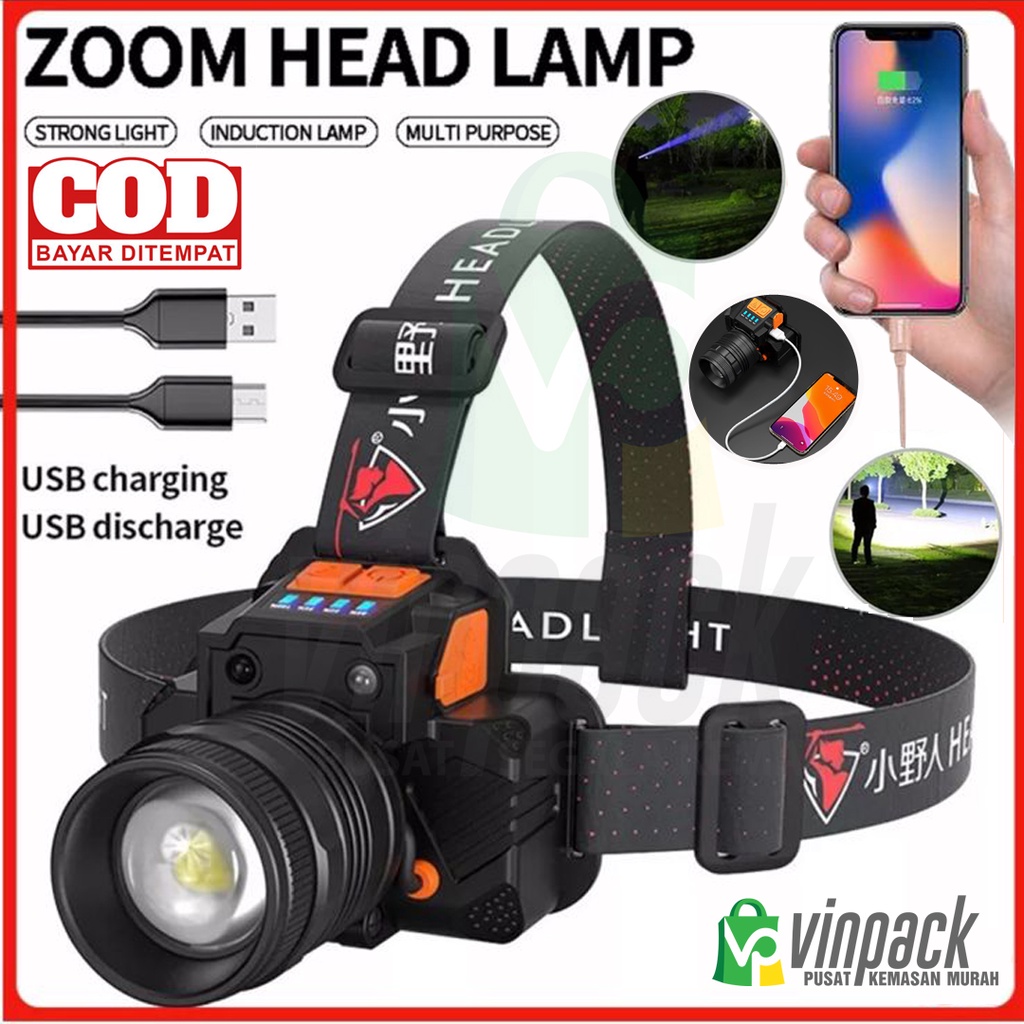 Jual Senter Kepala Super Terang USB Powerbank/ Lampu Depan Tahan Air LED Glare/ Senter Berkemah ...