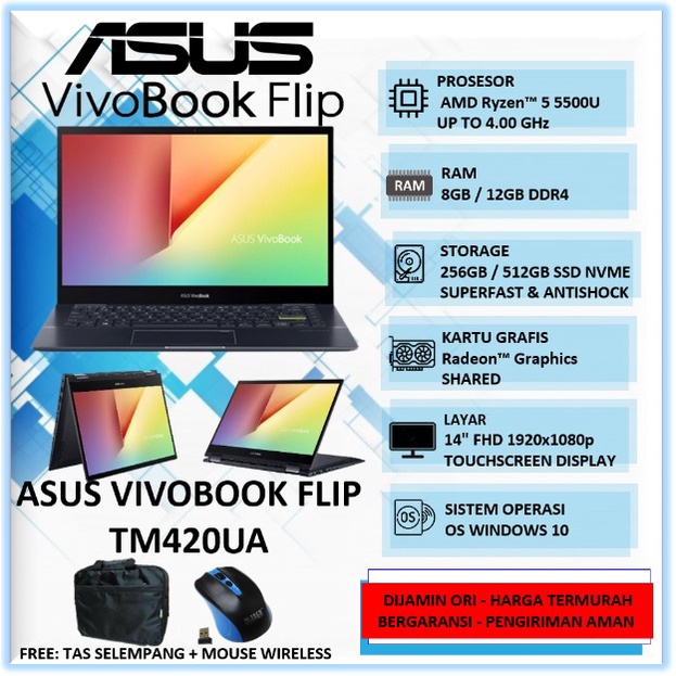 Jual Laptop Asus Touchscreen Vivobook Flip 14 TM420 Ryzen 5 5500U Ram 12GB 512GB SSD 14" FHD ...