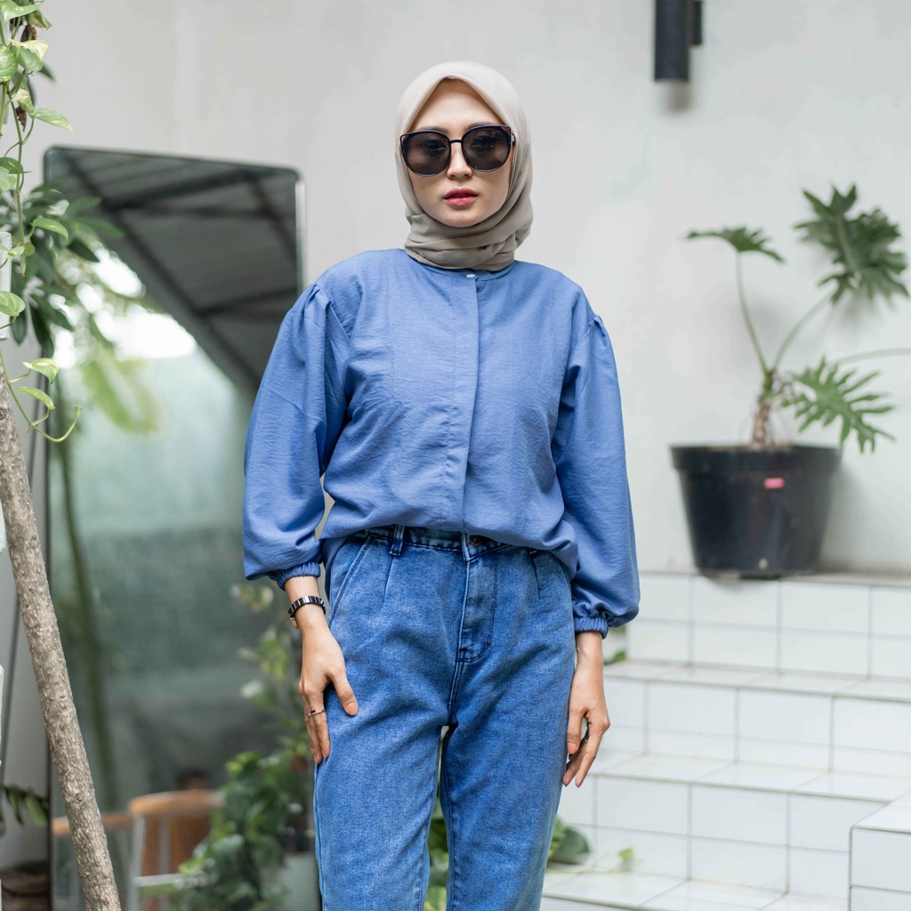 Jual Kemeja Wanita Lengan Balon Remaja Cewek Lengan Panjang Crinkle ...