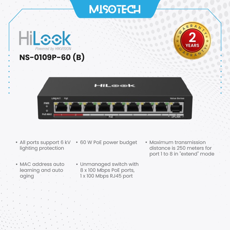 Jual UNMANAGED SWITCH POE 8 PORT HILOOK BY HIKVISION NS-0109P-60(B) 60W | Shopee Indonesia