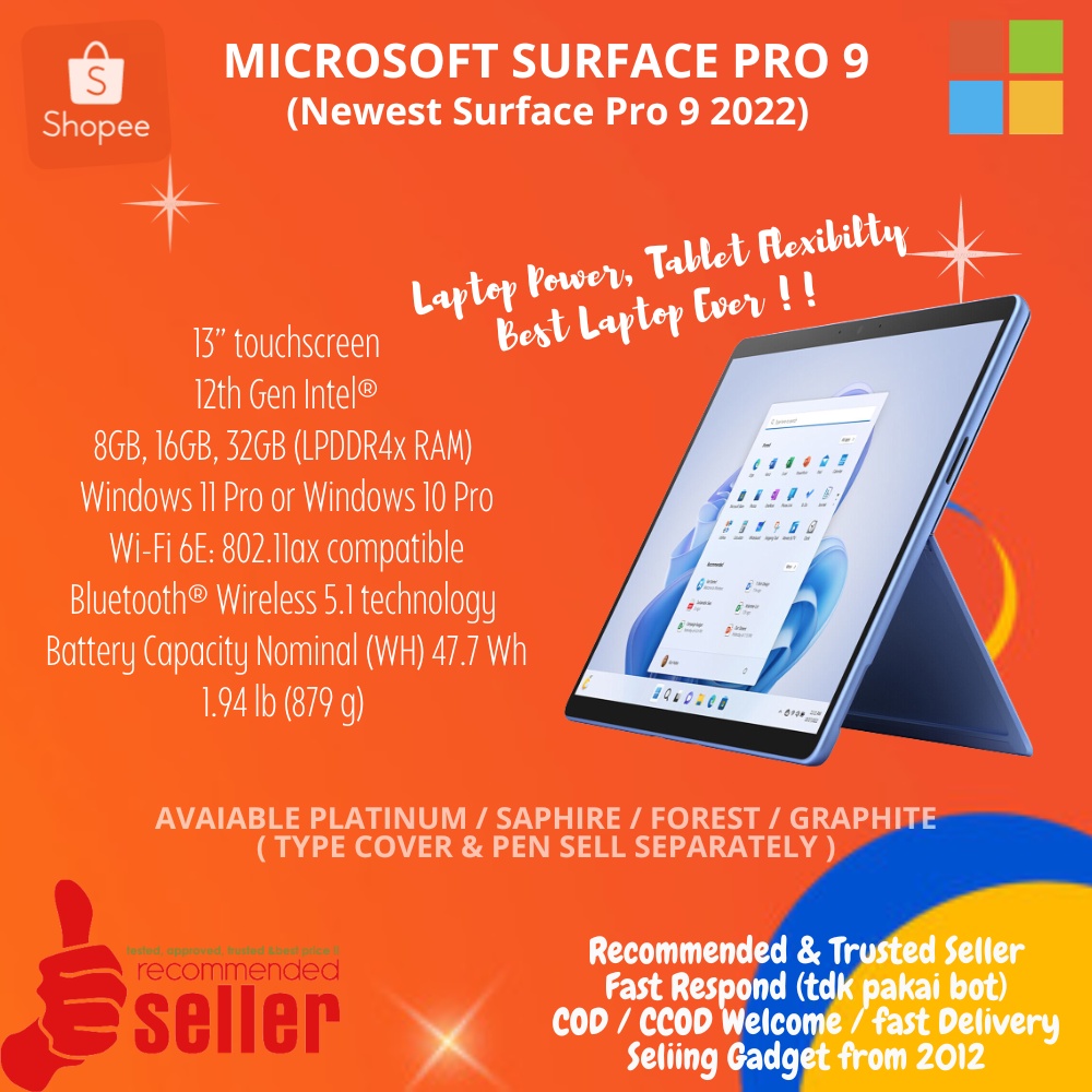 Jual Microsoft Surface Pro 9 Intel EVO 12th Gen i5 i7 128GB 256GB 512GB ...