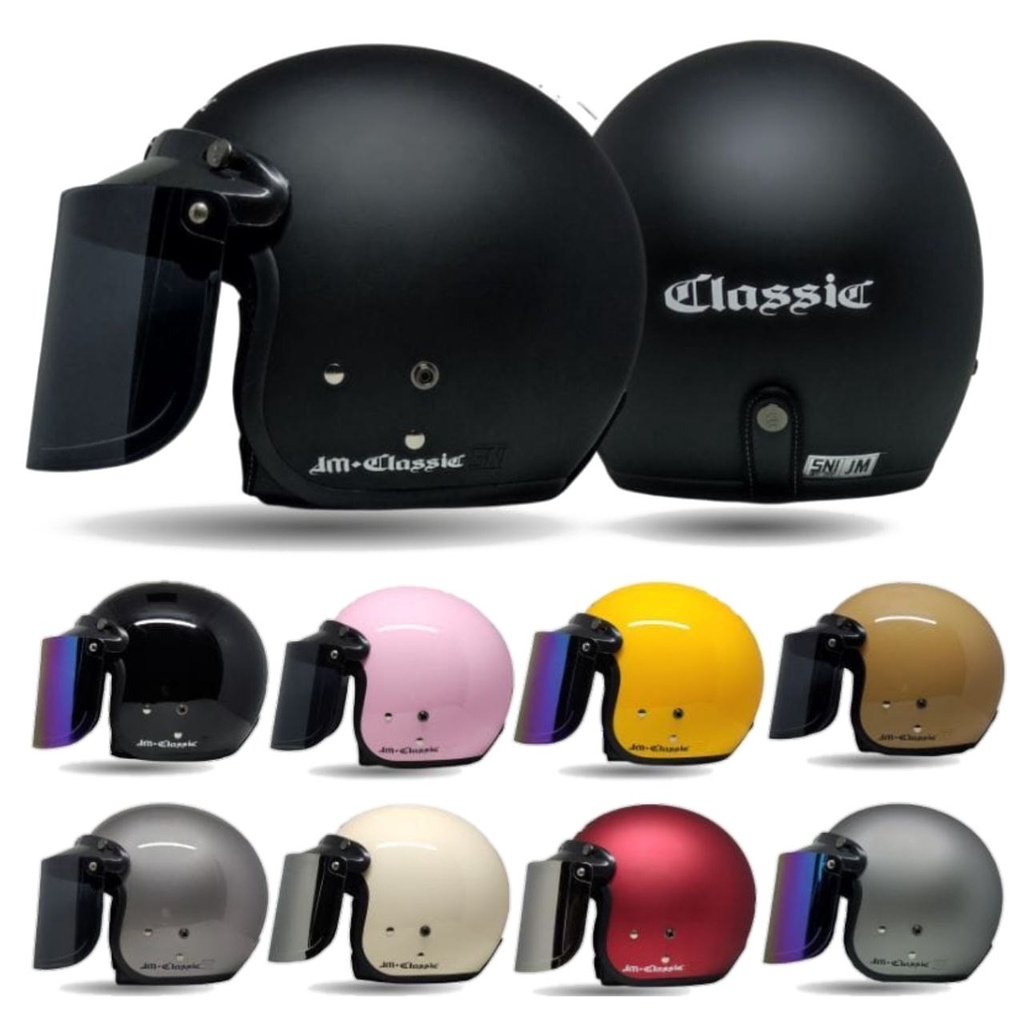 Jual Helm classik Retro JM Polos Full Leher Kaca Datar Cembung | Shopee ...