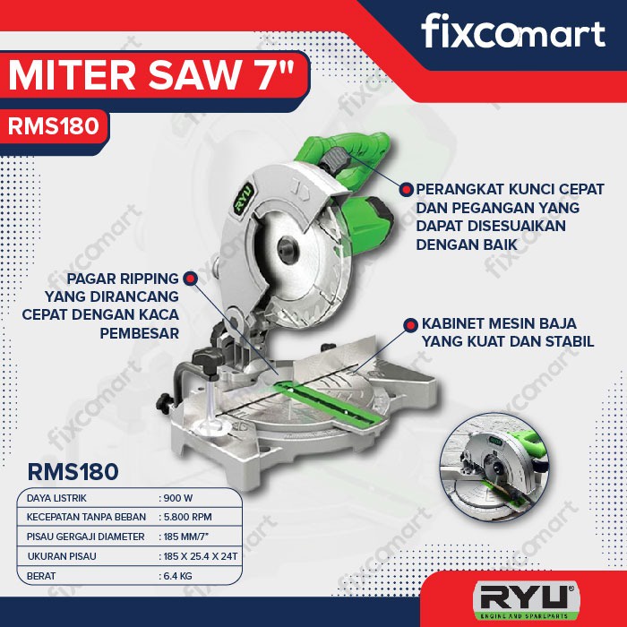 Jual RYU Miter Saw Ryu Rms180 7" Mesin Potong Alumunium 7 Inch | Shopee ...