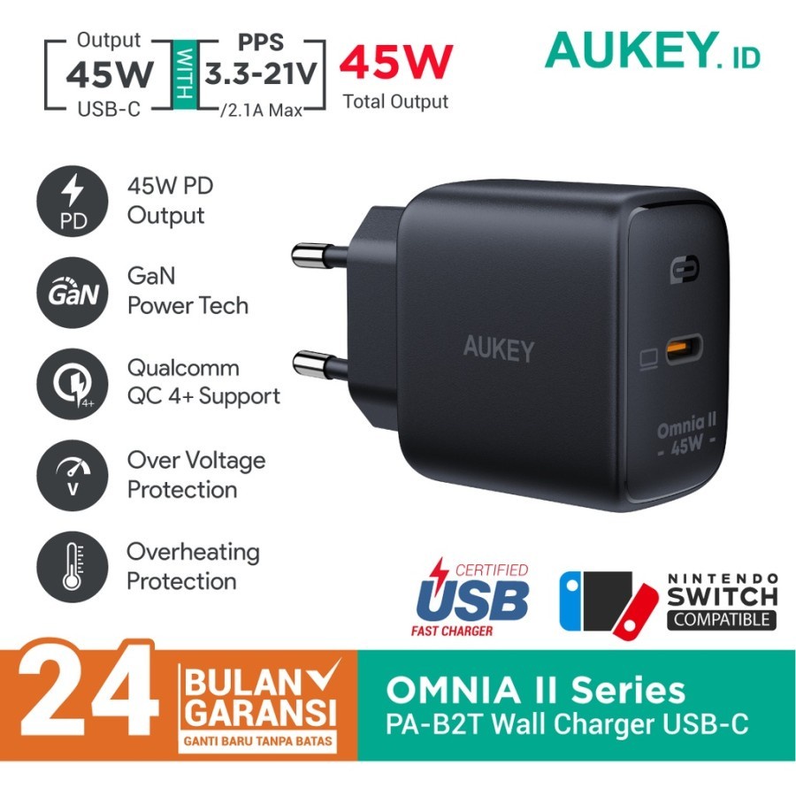 Jual Aukey Charger PA-B2T GaN Tech USB Type-C PD 3.0 Fast Charging 45W ...
