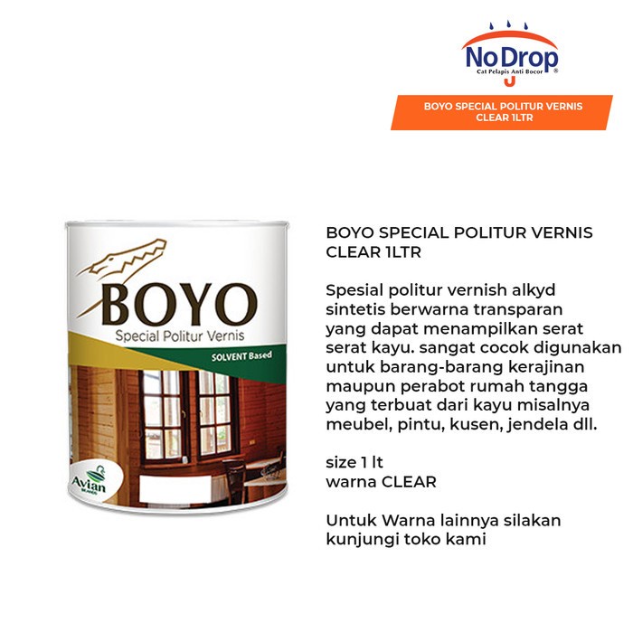 Jual BOYO POLITUR VERNIS CLEAR SOLVENT BASED 0,5L | Shopee Indonesia