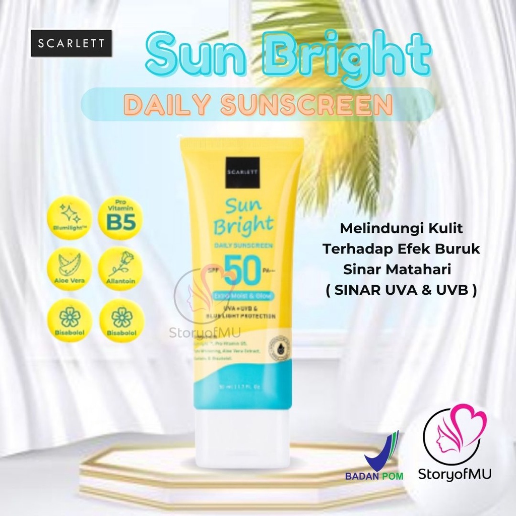 Jual SCARLETT Whitening Sunscreen Sun Bright Daily SPF50 PA+++ 50ml \ Extra Moist & Glow UVA UVB ...