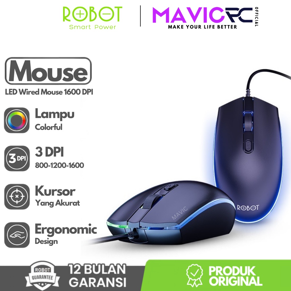Jual ROBOT M130 Mouse Wired 1600DPI Colorful LED 3 Kecepatan DPI Kursor ...
