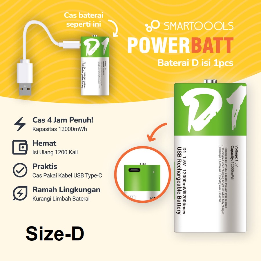Jual Baterai Size D Smartoools PowerBatt USB Type-C Rechargeable ...