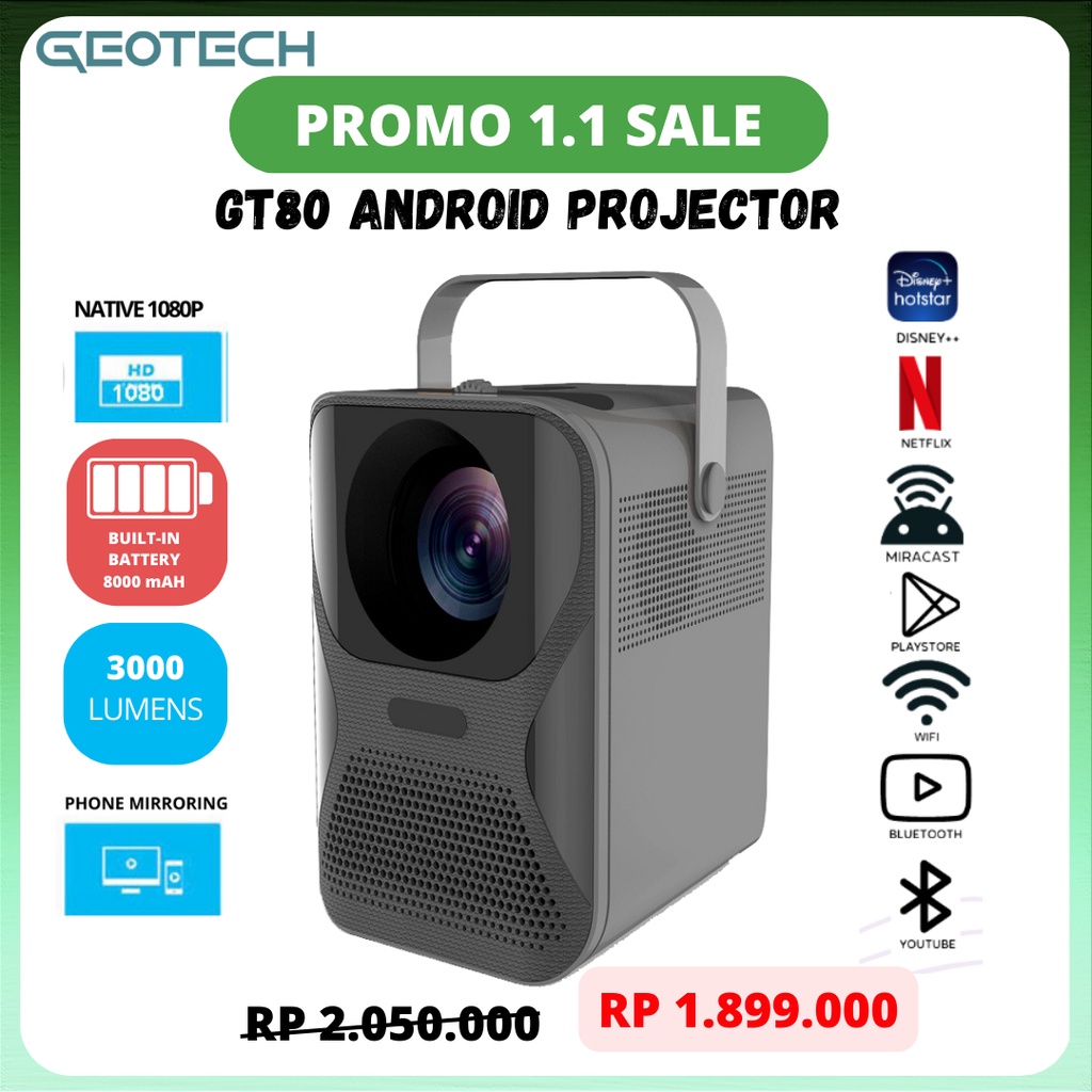 Jual Mini Proyektor Android GEOTECH GTX8 Mini Android 9 Projector ...