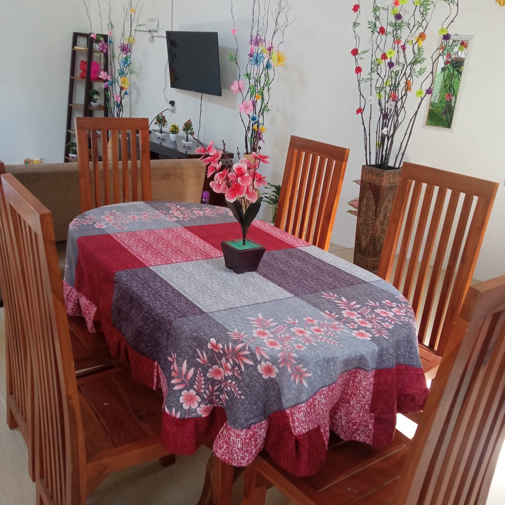 Jual TAPLAK MEJA MAKAN OVAL KAIN KATUN 4-6 KURSI MODEL RUMBAI ANEKA ...