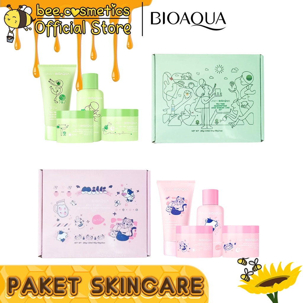 Jual BIOAQUA PAKET SKINCARE 4IN1 SERIES ( MILK GLOWING / TEA TREE ACNE ...