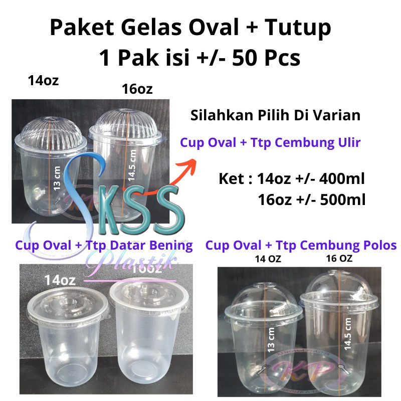 Jual Gelas Plastik Bening Oval 12oz 14oz 16oz + Tutup isi 50 Pcs l ...