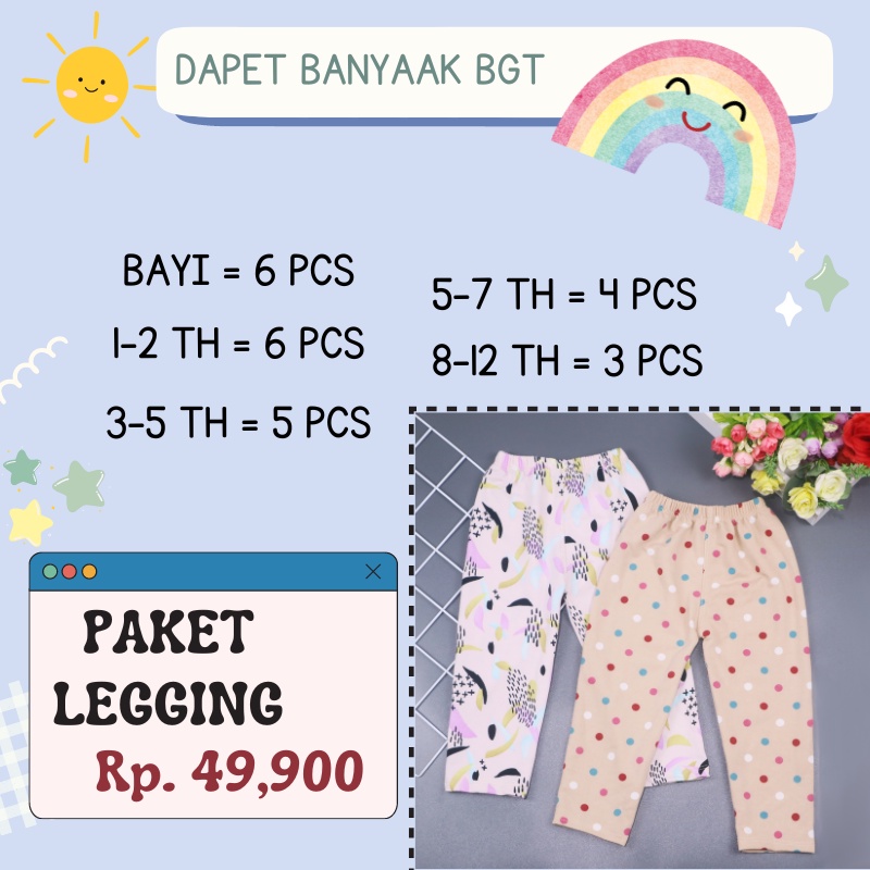 Jual (BELI 6 BAYAR 50 RIBU) Paket Legging Anak Perempuan / Bayi - 12 ...