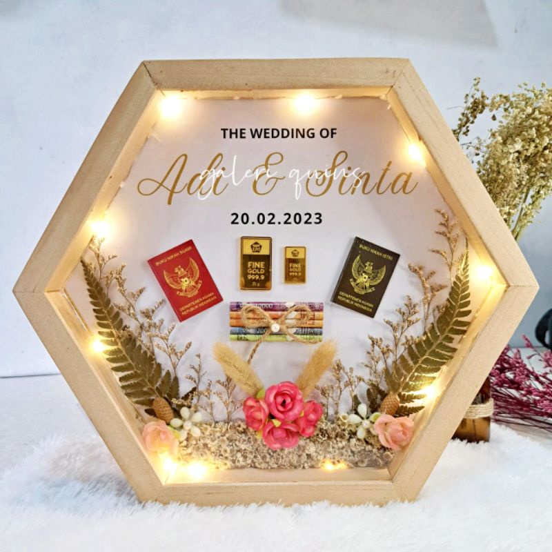Jual Mahar Pernikahan Rustic Bingkai hexagonal express free custom kado | Shopee Indonesia