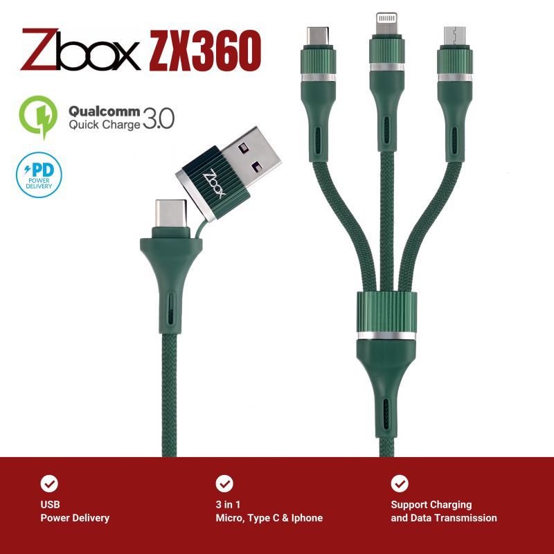 Jual ZX360 3in1 KABEL DATA ZBOX FAST CHARGING MICRO/ TYPE-C / LIGHTNING ...