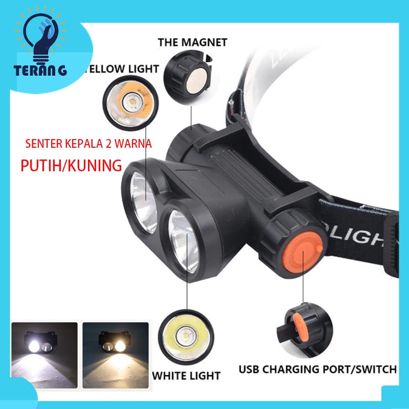 Jual Senter Kepala Magnet Led 3 Mode Putih Kuning Dimmer Headlamp Water ...