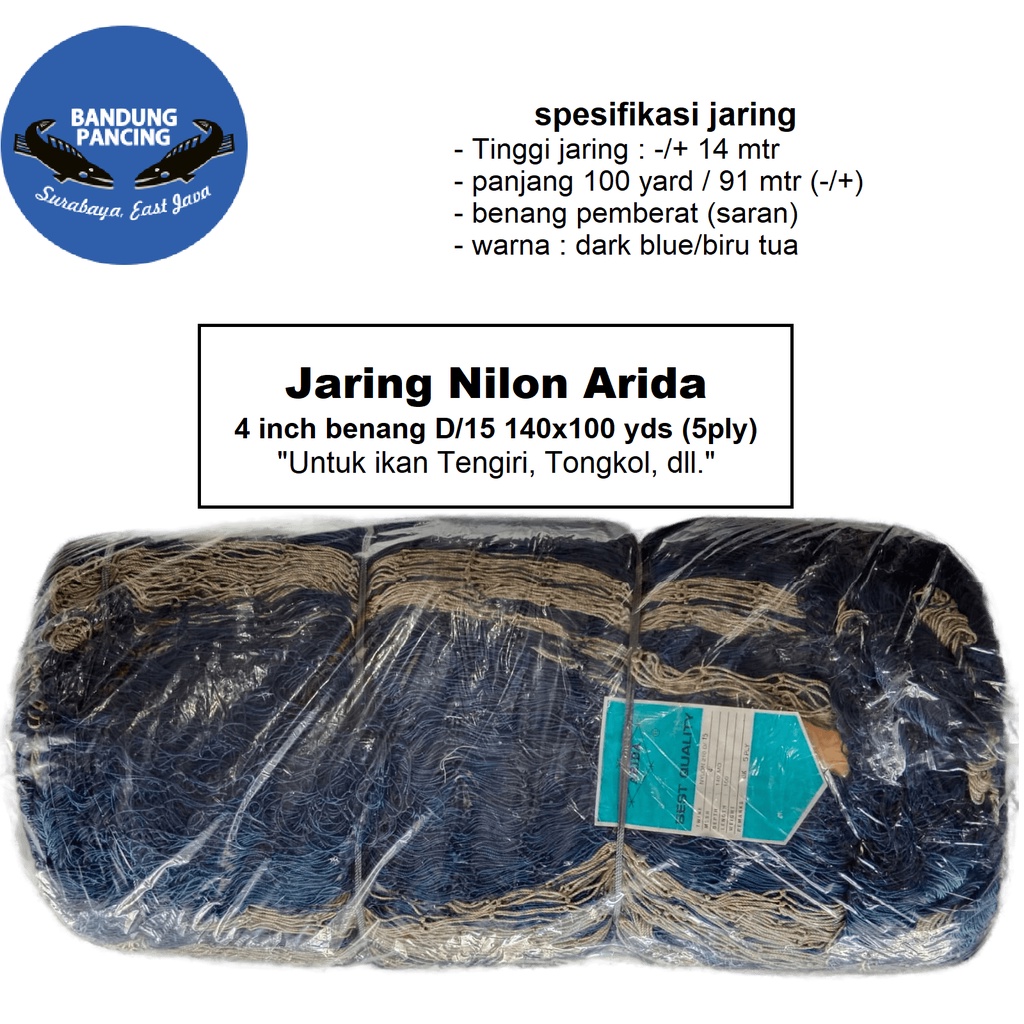 Jual Jaring nilon arida 4 in benang d15 145x100 yds 5 ply untuk ikan ...