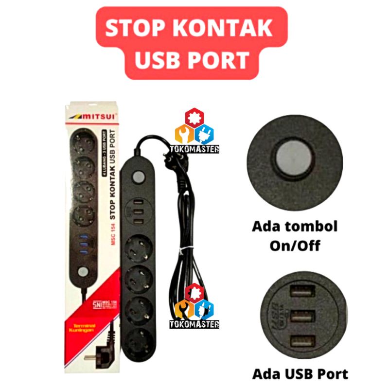 Jual Stop Kontak + USB Colokan Set Kabel 4 Lubang AC 3 USB Mitsui MSC 154 USB Port Terminal ...