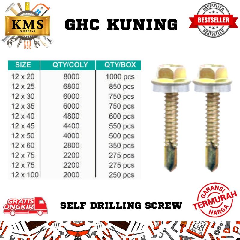 Jual Baut SDS Roofing Drill Kayu Galvalum Baja Ringan Kuning GHC 12x25 ...