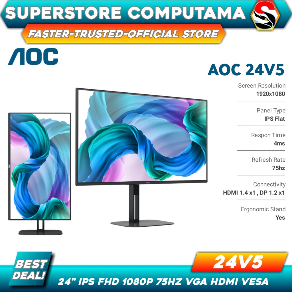 Jual Monitor LED AOC 24V5 24" IPS 1080p 75Hz Ergonomic Stand Pivot ...
