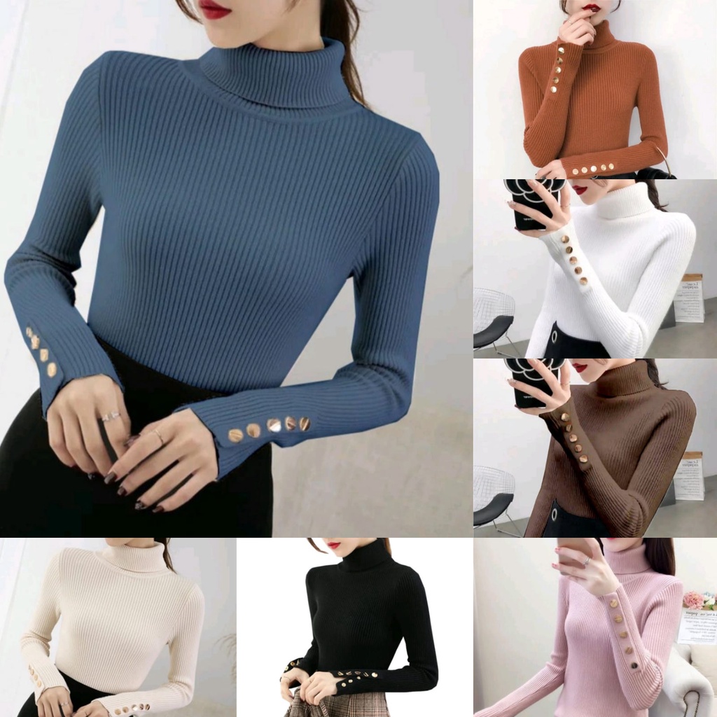 Jual Gloryshop88 Baju Rajut Button Turtle Neck Knit Premium / INNER ...