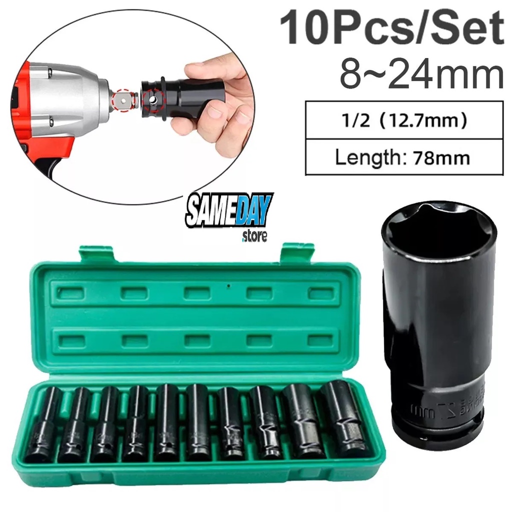 Jual Mata Kunci Sok Impact Driver Socket Sleeve Impact Wrench Shock Socket Set 10pcs 8 - 24mm ...