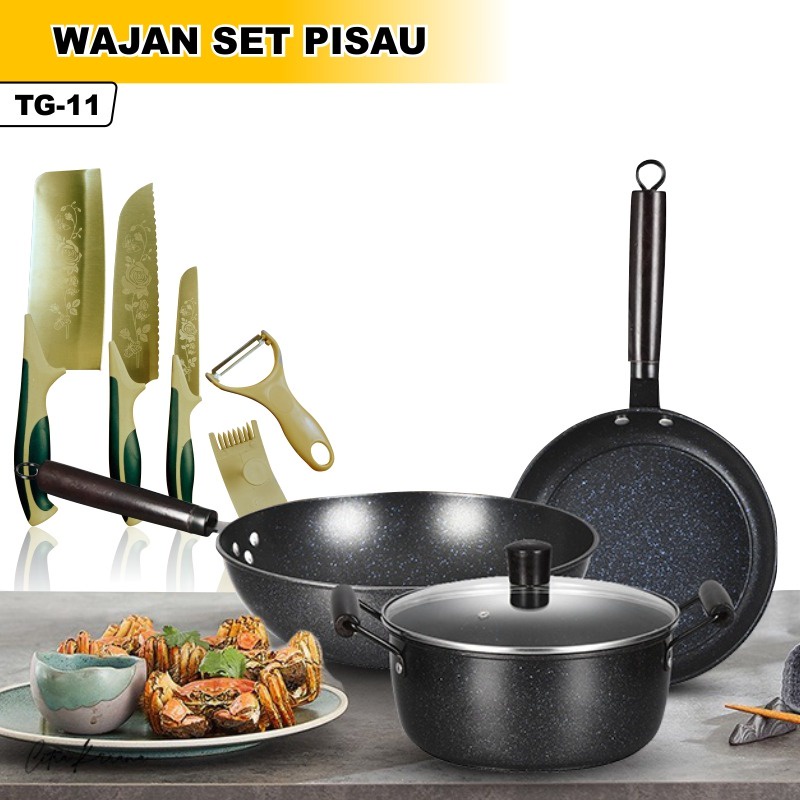 Jual Panci Wajan Set isi 3pcs TG-11 Teflon Dengan PisauPenggorengan TG-12 Tutup kaca Teflon Anti ...