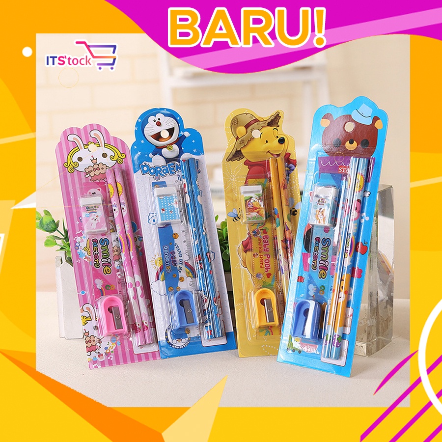 Jual Satu Set Alat Tulis Anak isi 5in1 Pensil Penghapus Penggaris ...