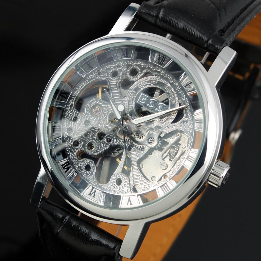 Jual ESS Luxury Men Leather Skeleton Hand-Wind Up Automatic Mechanical ...