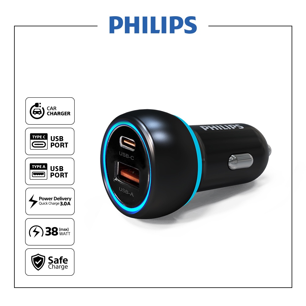 Jual Philips DLP2552P Car Charger 38W PD QC 2 Ports Type C / DLP 2552 ...