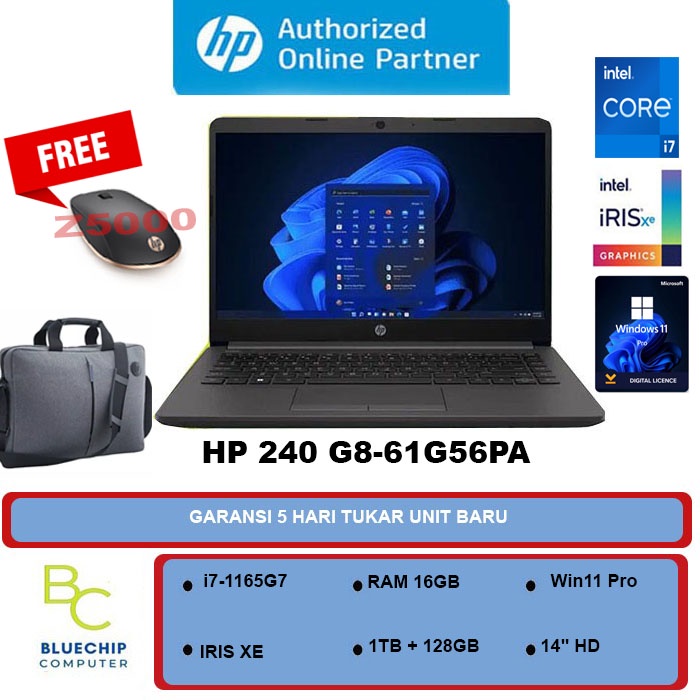 Jual LAPTOP HP 240 G8-61G56PA - i7-1165G7 16GB 1TB + 128GB 14" HD Win11 Pro | Shopee Indonesia