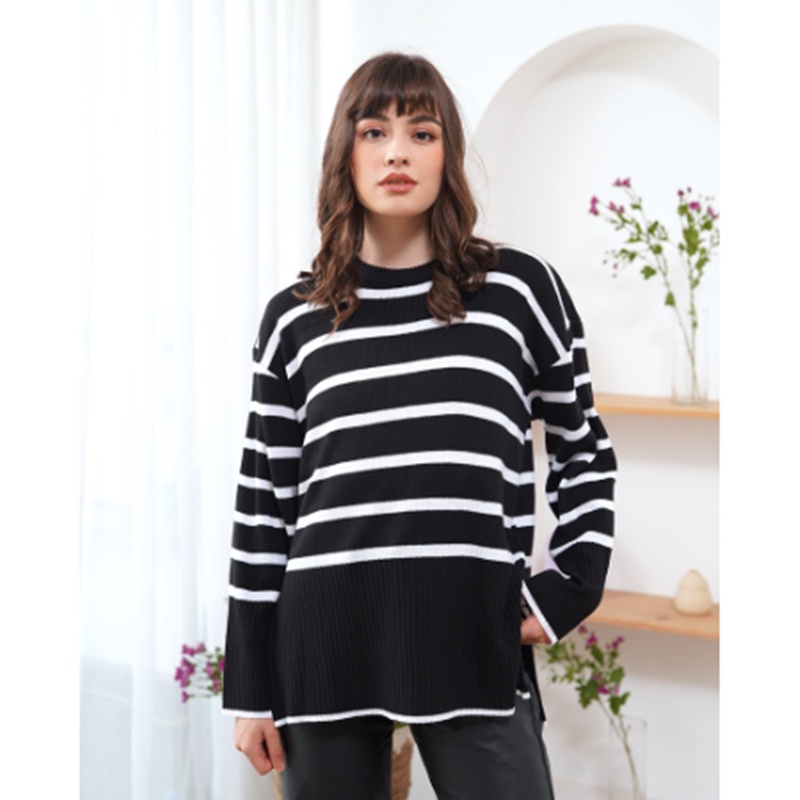 Jual HARU Sweater Rajut Strip Tebal Krah O-Neck Lengan Panjang / Sweater Rajut Wanita Terbaru ...