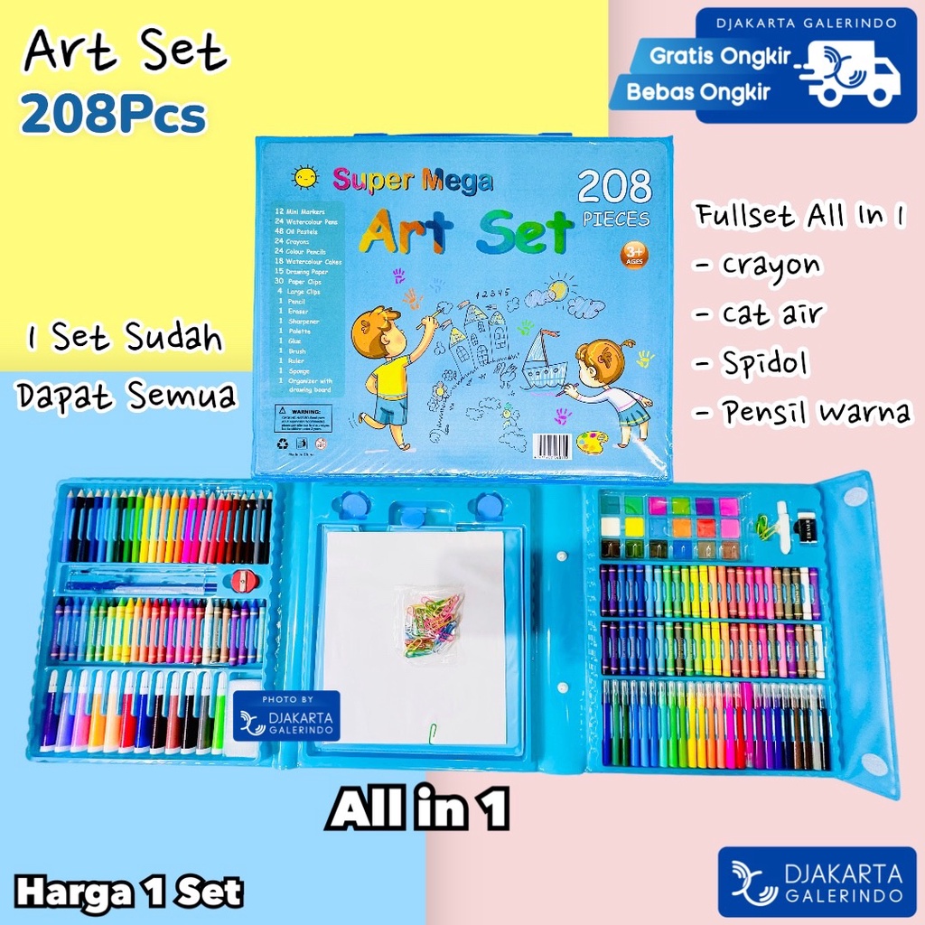 Jual Super Mega Art set 208 Pcs crayon set Spidol warna set Cat air set ...