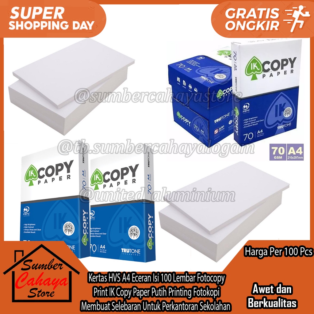 Jual Kertas HVS A4 70 Gram Gr Eceran IK Copy Paper Putih Isi 100 Lembar ...
