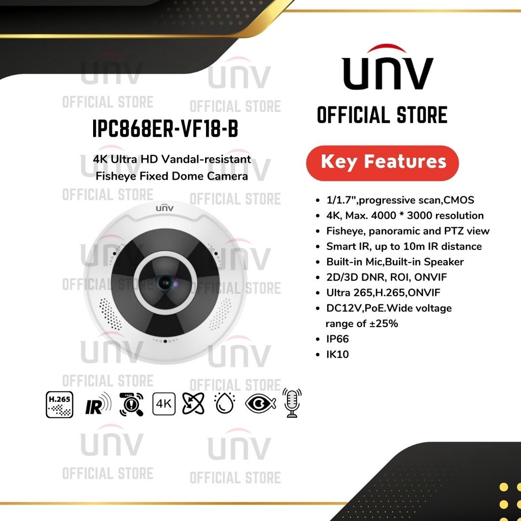 Jual UNV IPC868ER-VF18-B Uniview 4K Ultra HD Vandal-resistant Fisheye Fixed Dome Camera | Shopee ...