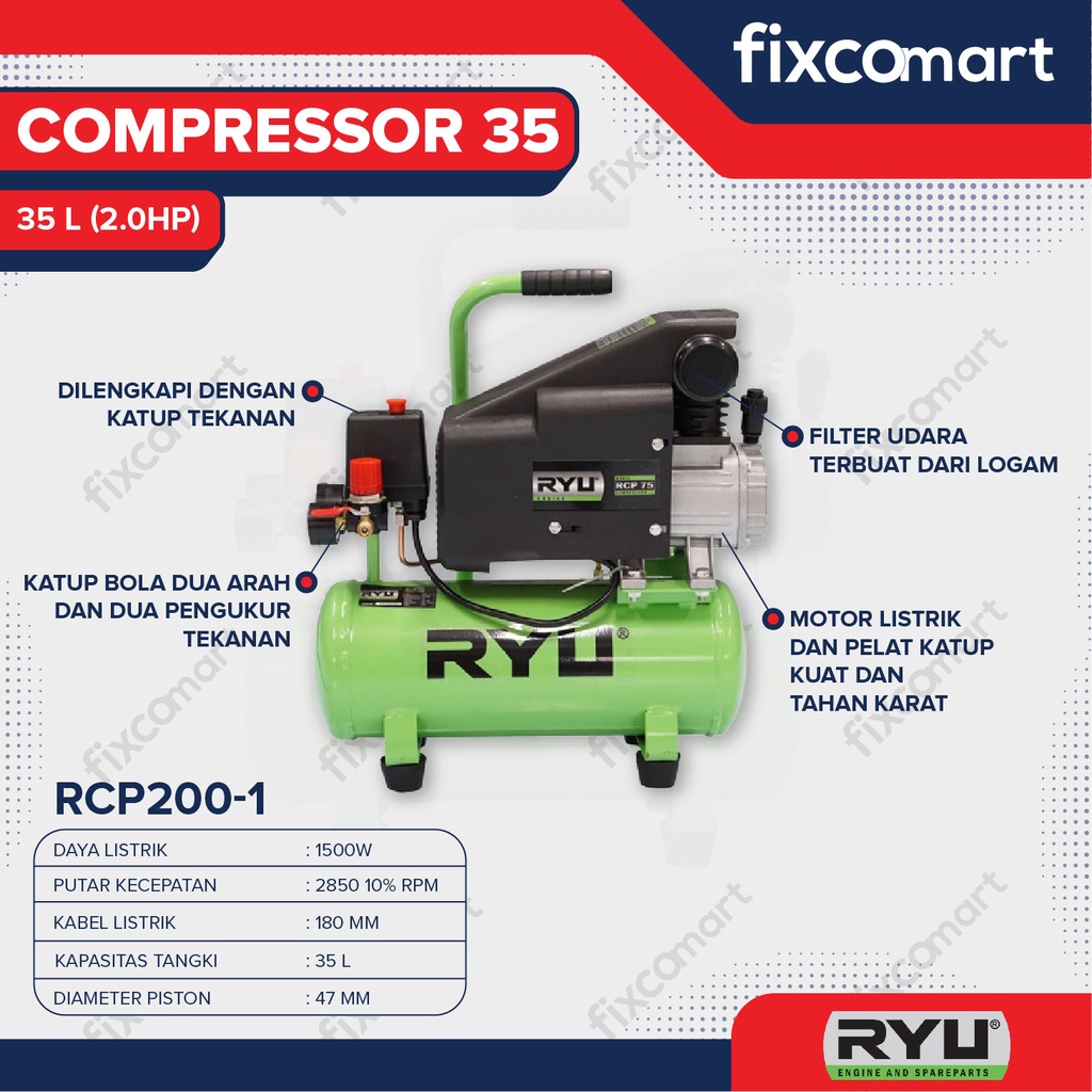 Jual RYU Compressor RCP 200-1 / RYU Mesin Kompresor 2850 RPM 2 HP | Shopee Indonesia