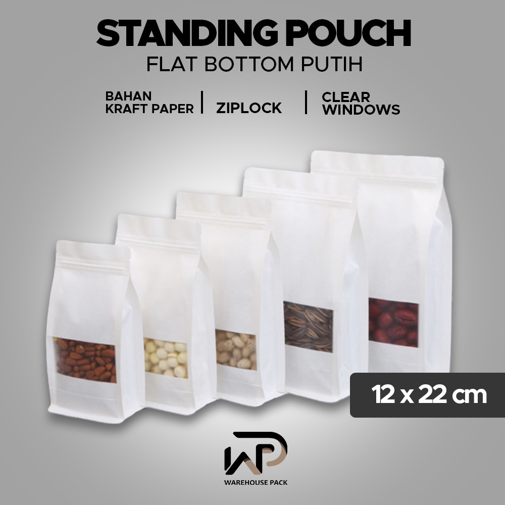 Jual ( 1 Pcs ) Standing Pouch Flat Bottom Craft Windows Putih 12 x 22 ...