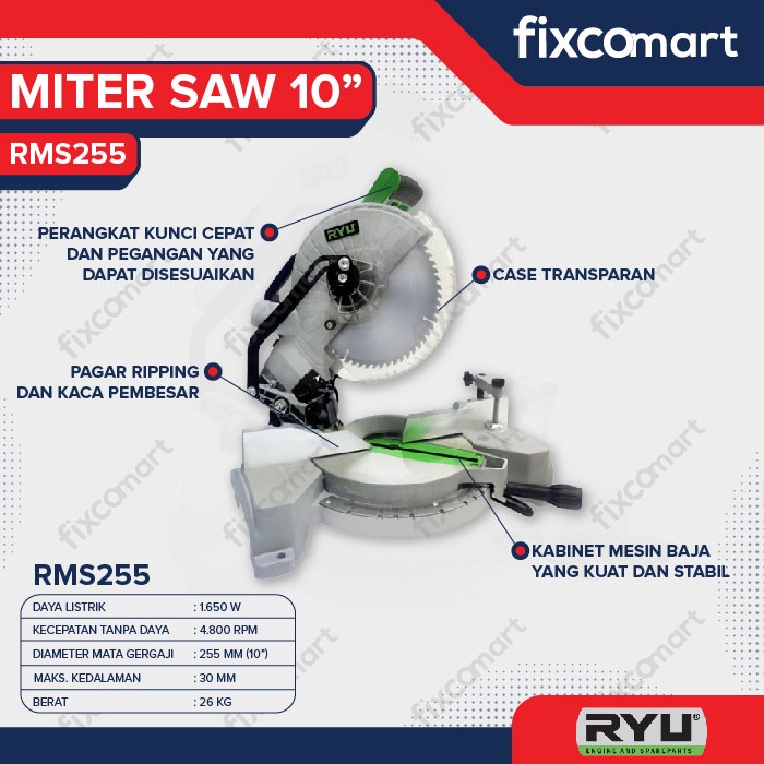 Jual RYU Mesin Potong Aluminium Miter Saw Ryu Rms 255 10 Inchi | Shopee ...