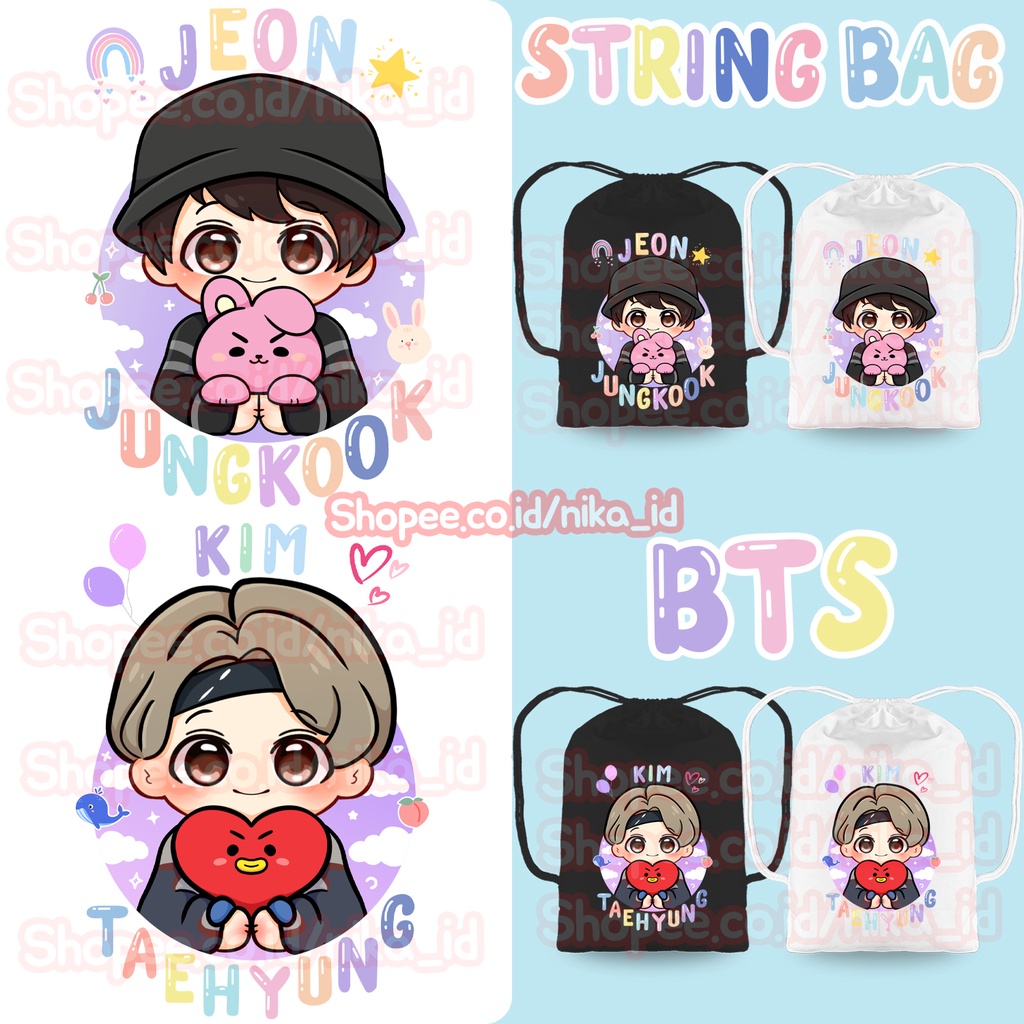 Jual Tas Serut BTS String Bag Hitam / Putih Kpop Tas Gendong Gambar ...