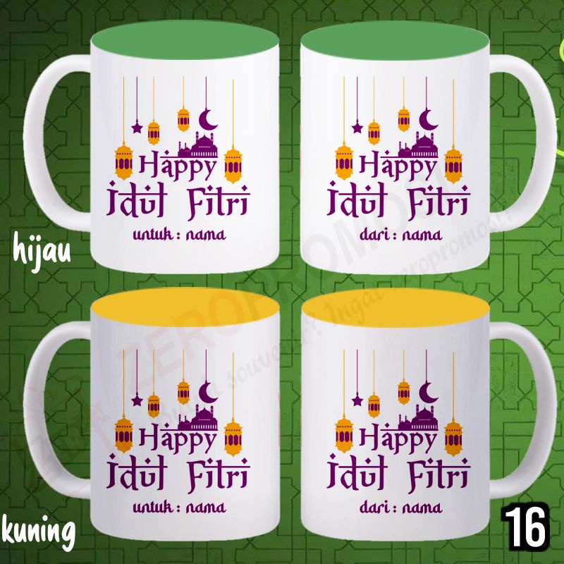 Jual Mug warna dalam kuning / hijau Idul Fitri - Hadiah Hari Raya ...
