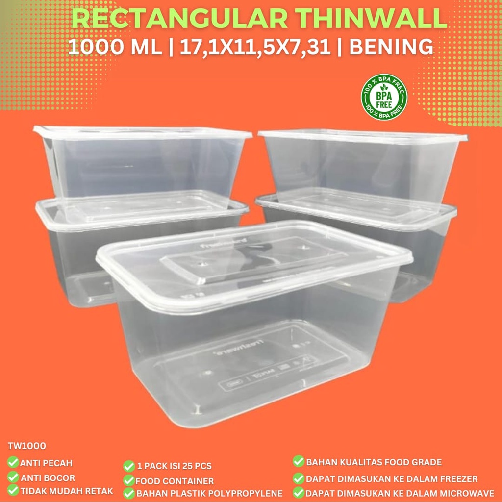 Jual Thinwall Rectangle 1.000 Ml Food Container-17X11.5X7.5 Cm (ISI 10 ...