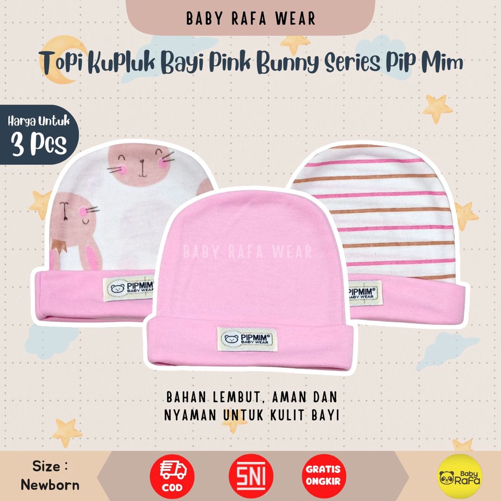Jual 3 PCS Topi Bayi / Kupluk Bayi Newborn PINK BUNNY merk PIP MIM BABY ...