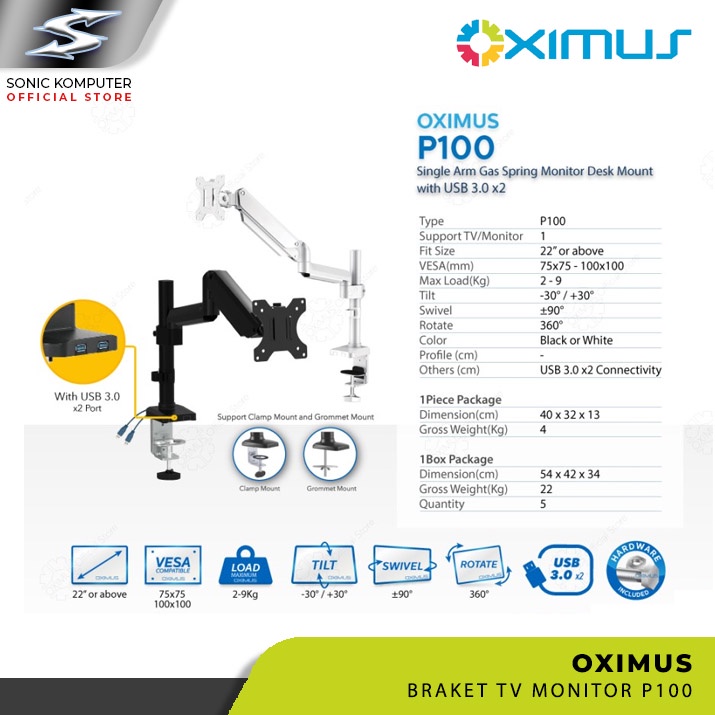 Jual BRACKET MONITOR GAS SPRING OXIMUS P100 TILT SWIVEL ROTATE USB 3.0 ...